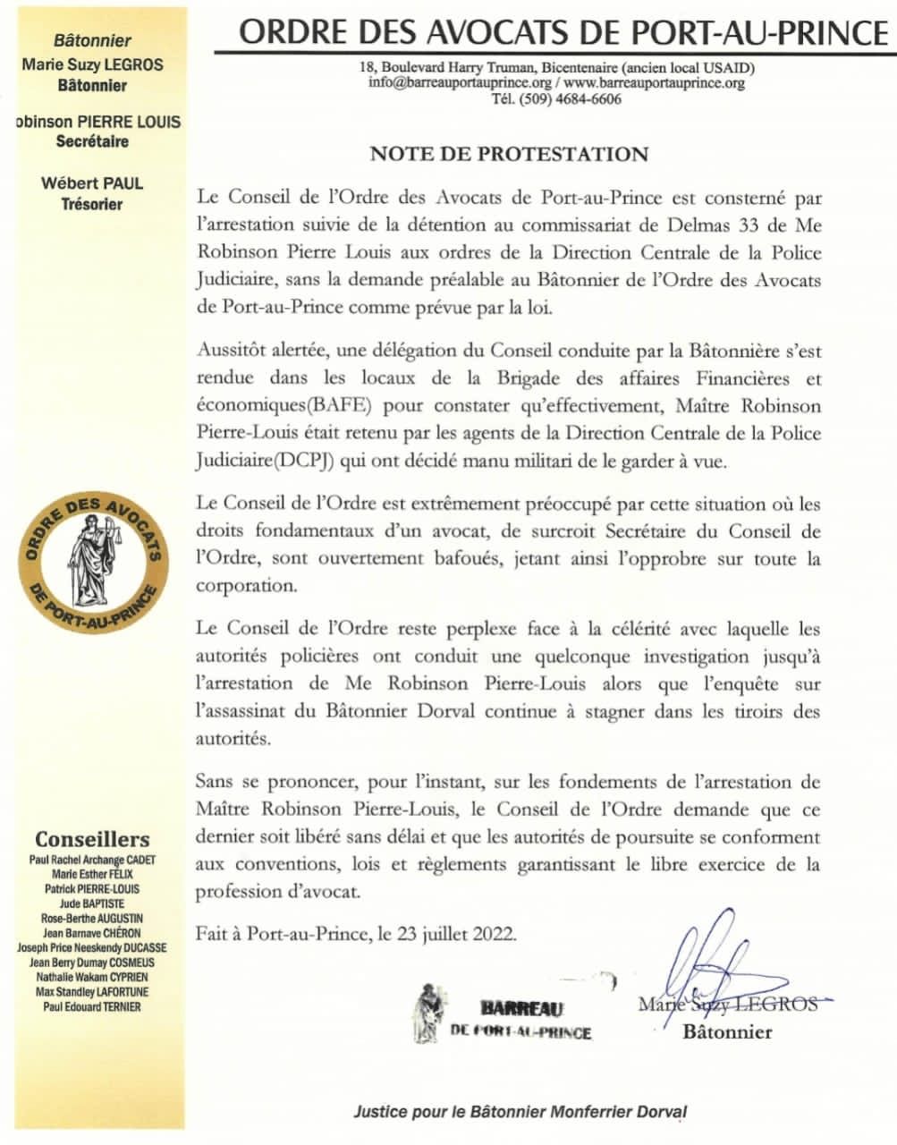 Haïti/Justice: Le barreau de Port-au-Prince exige la libération de Me ...